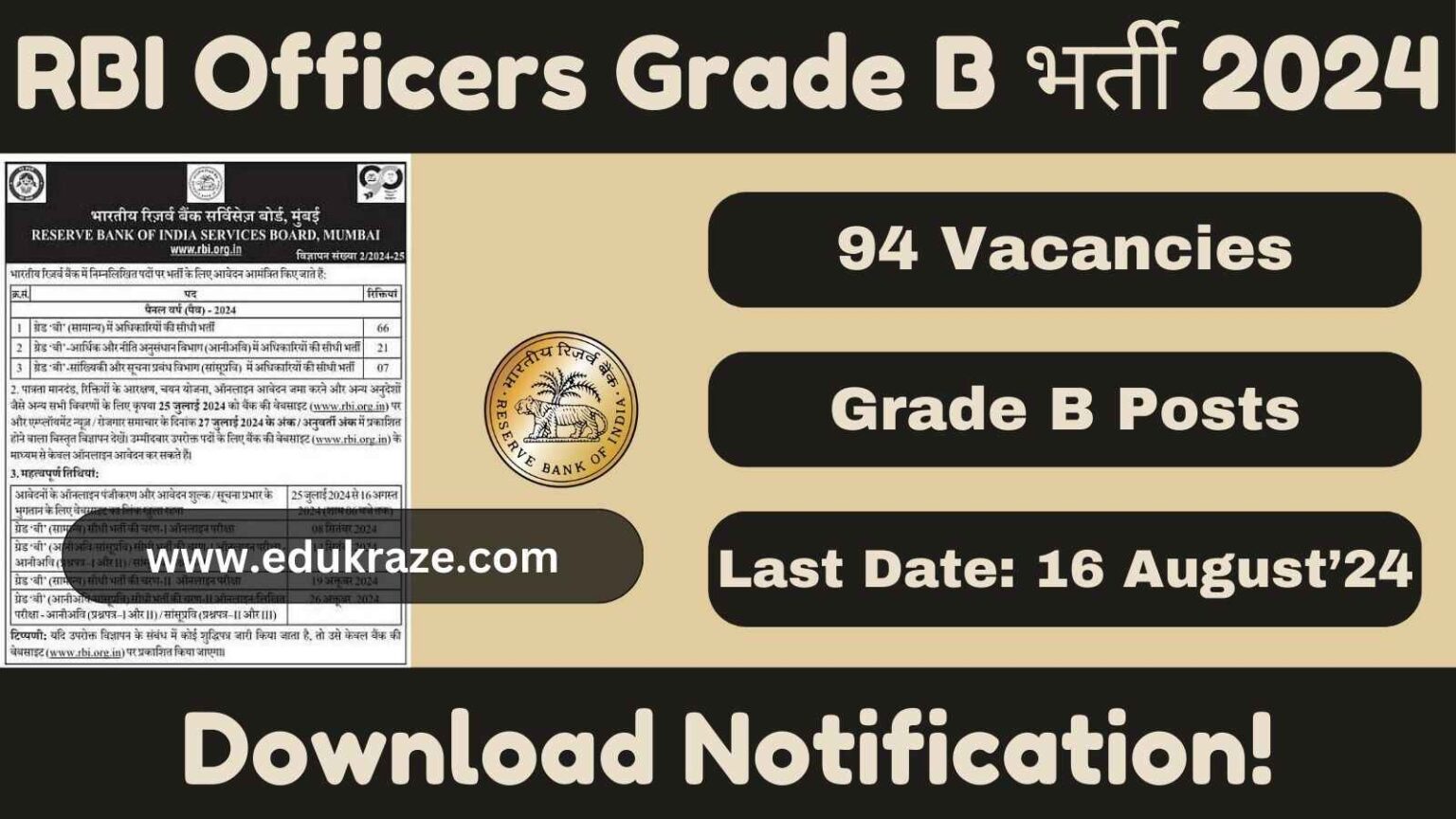 RBI Officers Grade B Recruitment 2024, Bumper 90+ Job Opening! - EduKraze